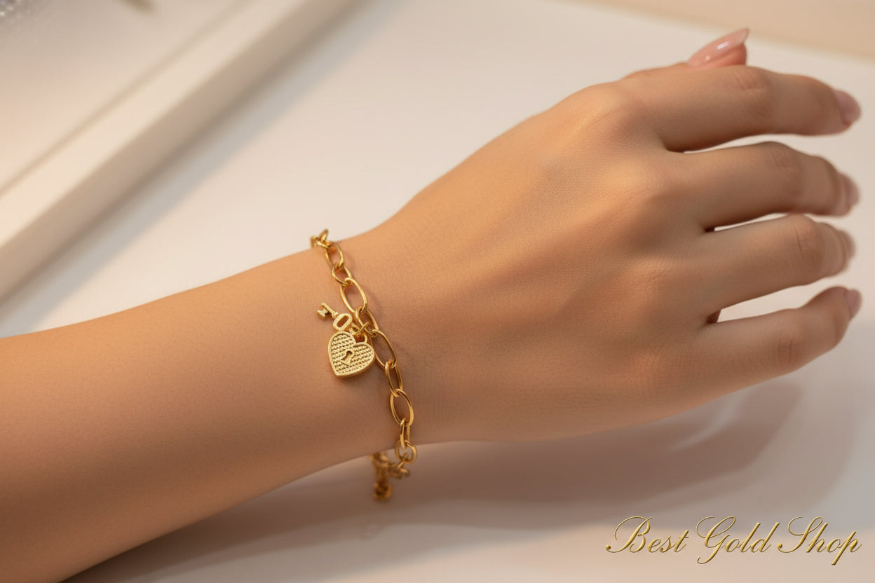 22k / 916 Gold Anchor Link Bracelet with Heart Lock and Key - Best Gold ...
